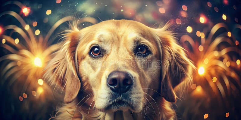 Golden Retriever Reflecting Fireworks a Vintage Retro Pet Portrait ...