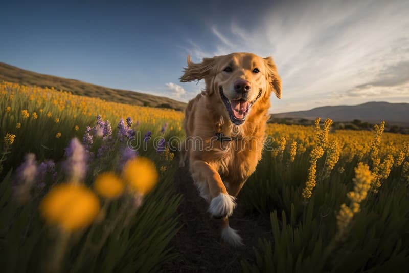 A Golden Retriever Running through a Field. Generative AI Stock ...