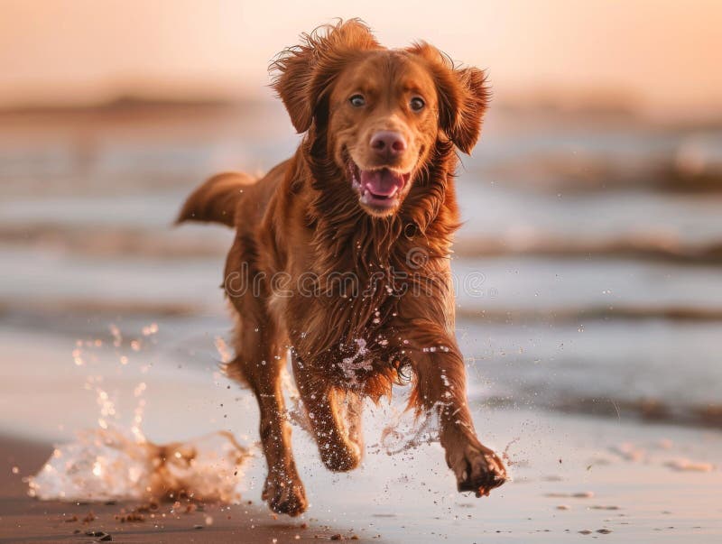 Golden Retriever Running through Shallow Water on a Beach at Sunset ...