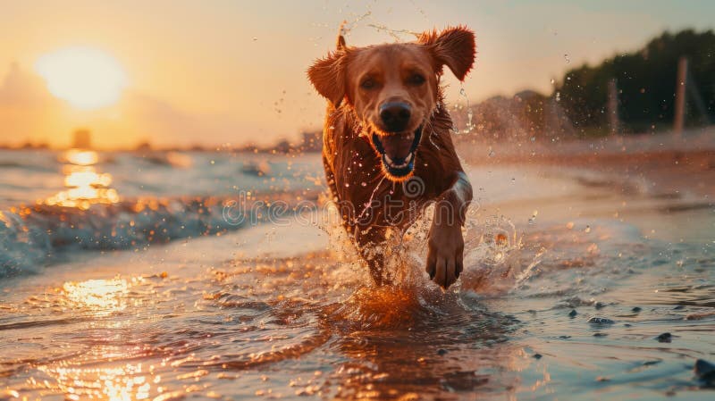 Golden Retriever Running through Shallow Water at Sunset Stock ...