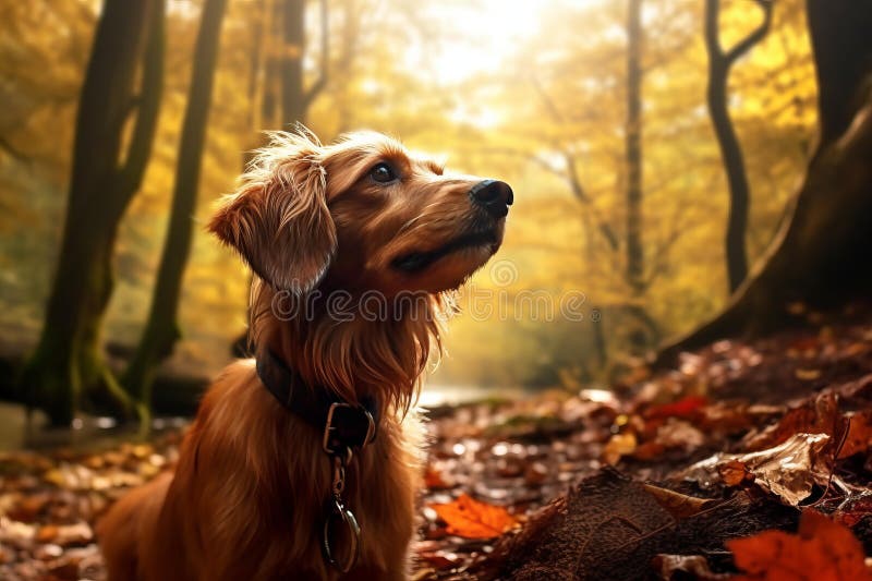 A Golden Retriever Sitting on the Ground in a Forest Stock Illustration ...