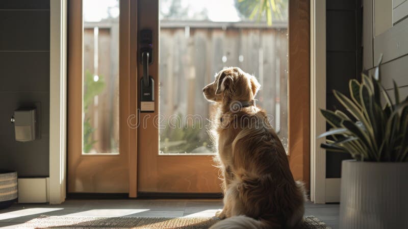 Golden Retriever Standing at High-Tech Pet Door with Microchip ...