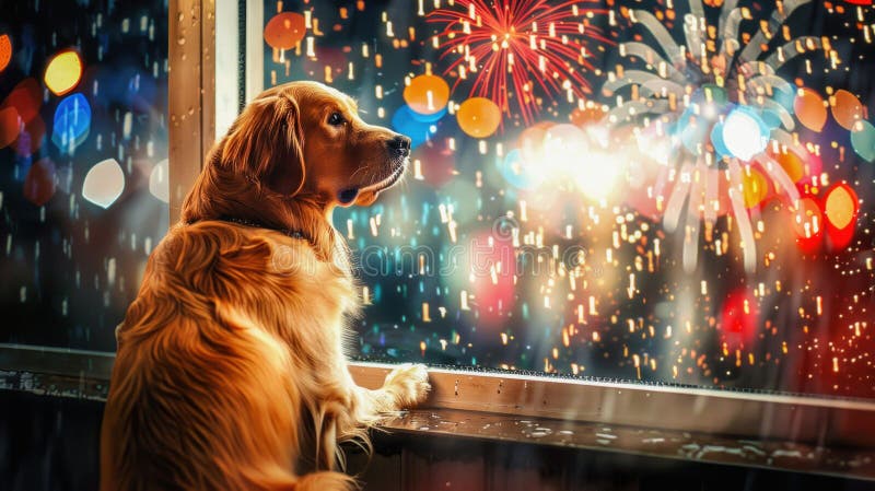 Golden Retriever Watching Fireworks through Window. Generative Ai Stock ...