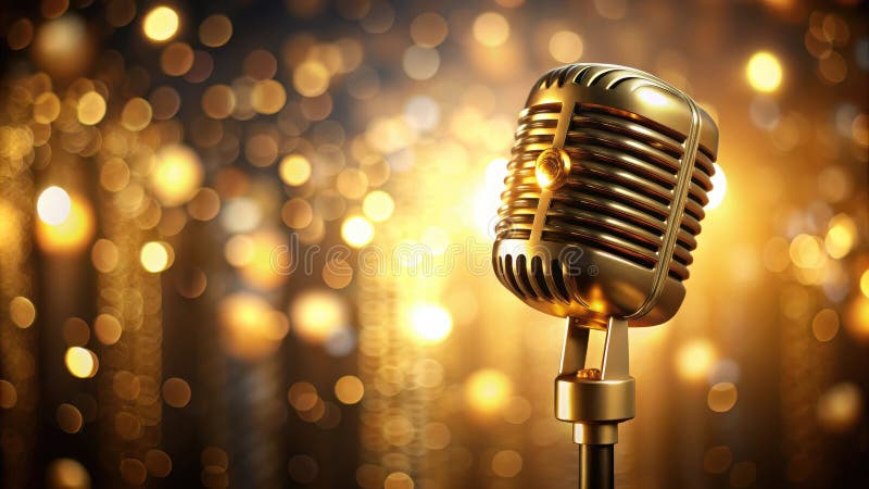 Golden Retro Microphone on Stage with Sparkling Lights. Generative AI ...