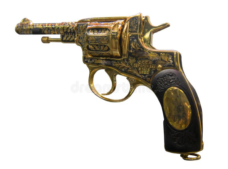 Golden Revolver of the Nagan System, Made in 1928. Isolated on White ...
