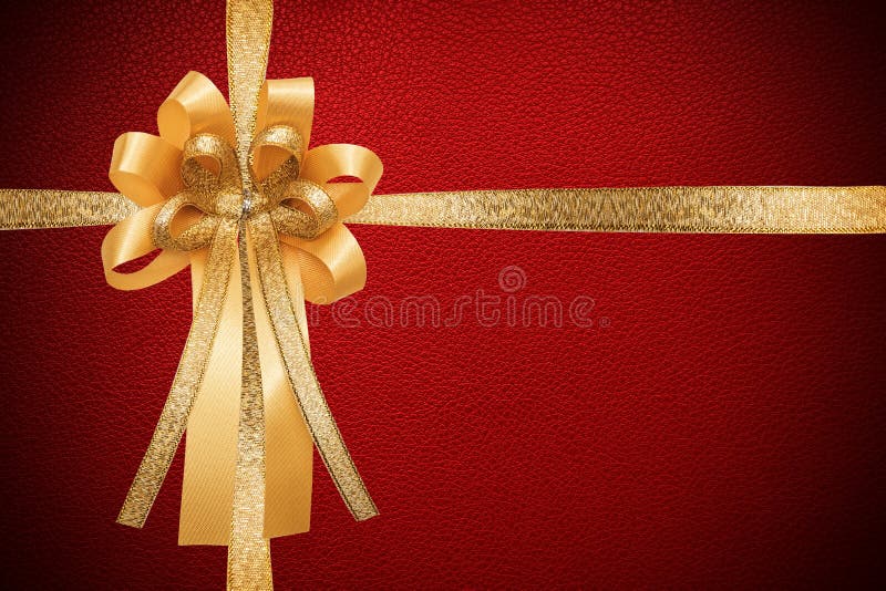 Golden Ribbon and Bow, Wrap on Red Leather Texture Gift Box Background ...