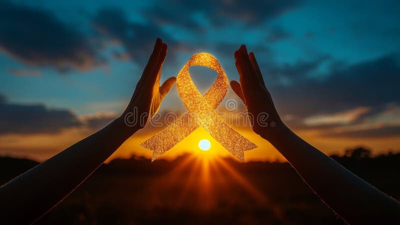 Golden Ribbon Hope Sunset Silhouette Hands Stock Illustration ...