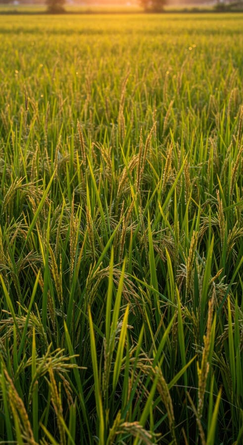 Golden Rice Field at Sunset Stock Illustration - Illustration of ...