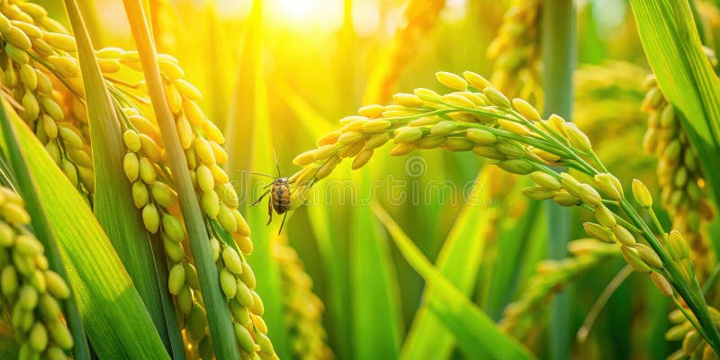 Golden Rice Plants Basking in Sunlight with Insect. Generative AI Stock ...