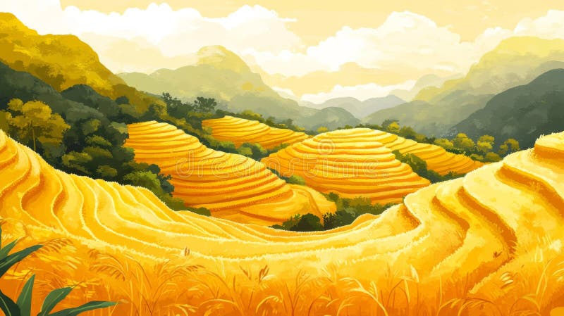 Golden Rice Terraces Mountain View Stock Illustration - Illustration of ...