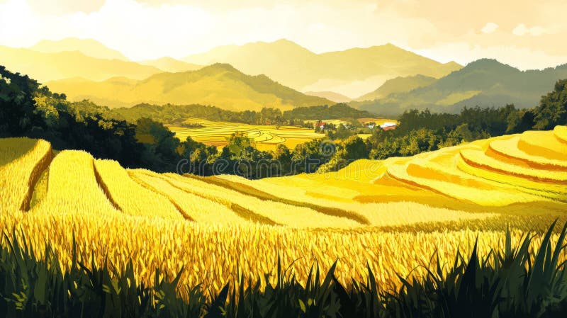 Golden Rice Terraces at Sunset Stock Illustration - Illustration of ...