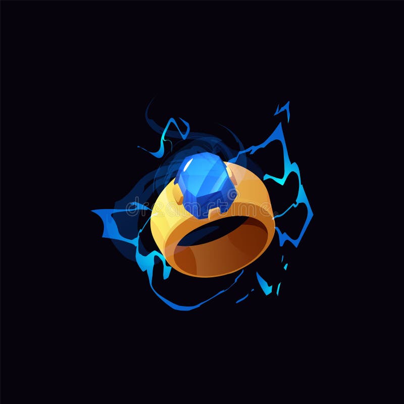 Golden Ring with Blue Gem and Lightnings Flat Style, Vector ...