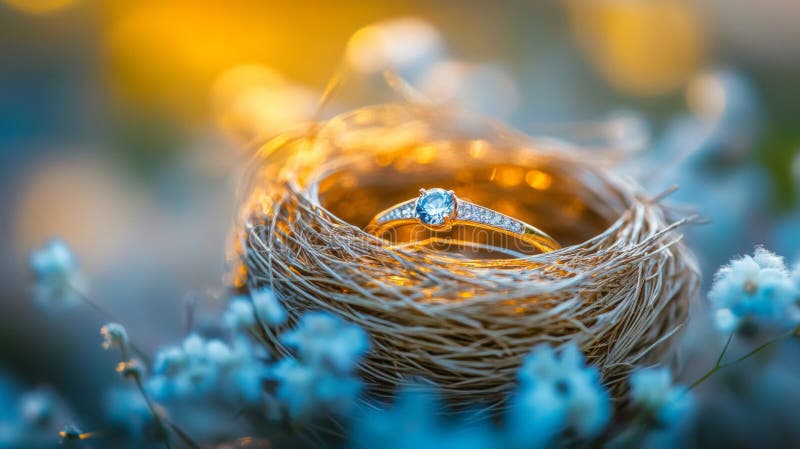 Golden Ring with Blue Gem Rests in Birds Nest Stock Illustration ...