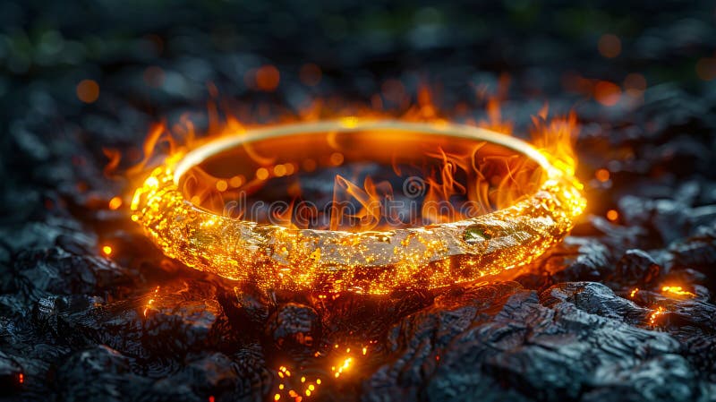 A Golden Ring on Fire on Top of a Black Background Stock Image - Image ...