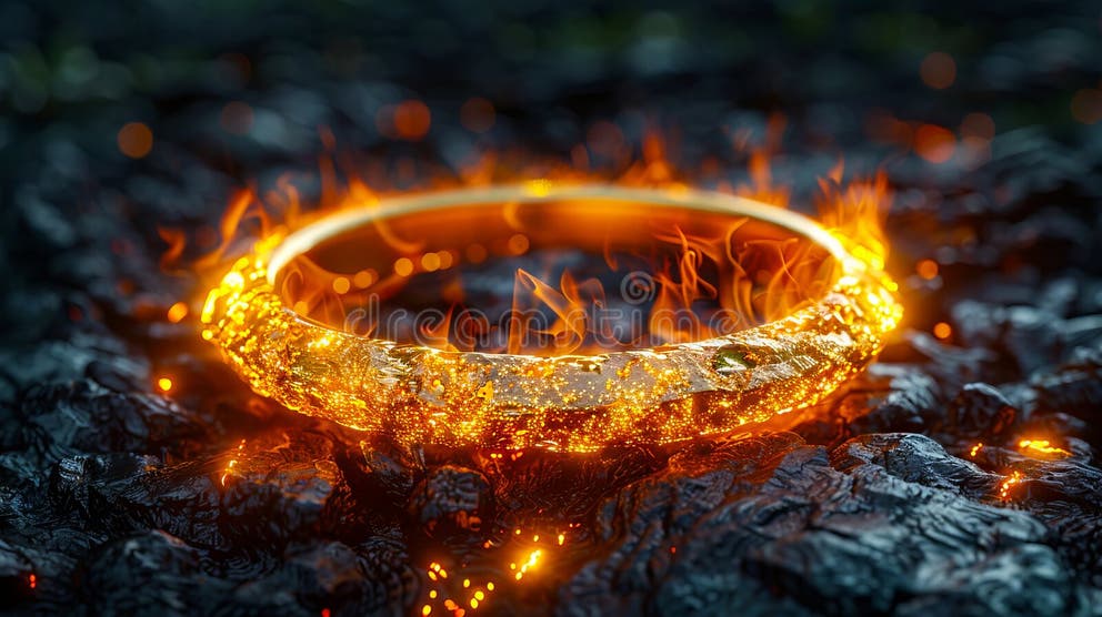 A Golden Ring on Fire on Top of a Black Background Stock Image - Image ...