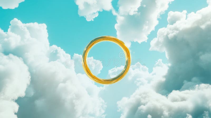 Golden Ring Floating among Clouds in a Blue Sky, Surreal Concept Stock ...