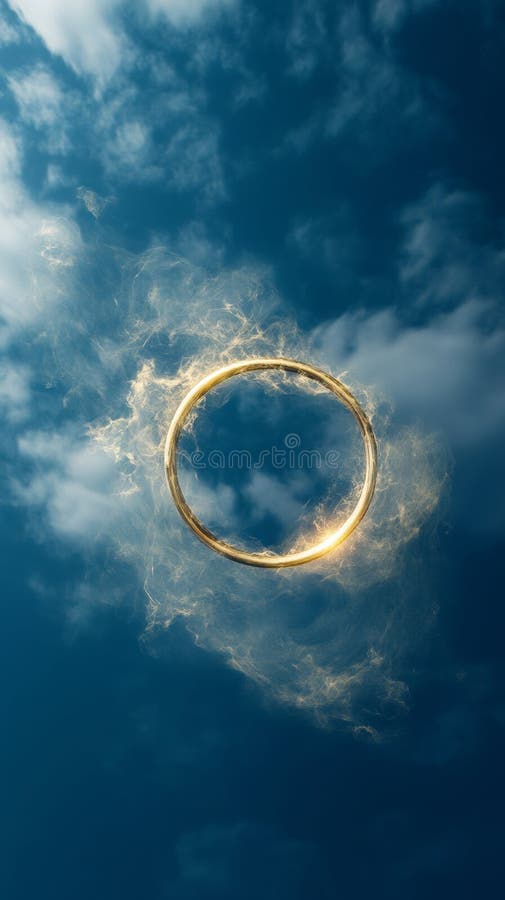 Golden Ring Floating in the Sky with Clouds, Mystical Aura. Fantasy and ...