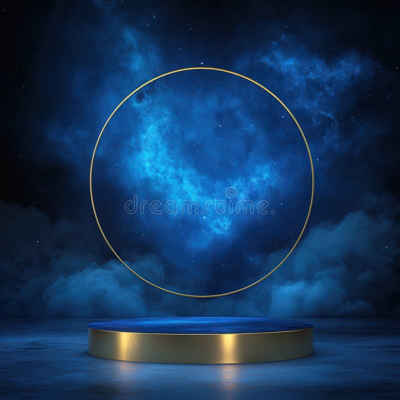 Cosmic Display Podium with Golden Ring and Nebula Background. Stock ...