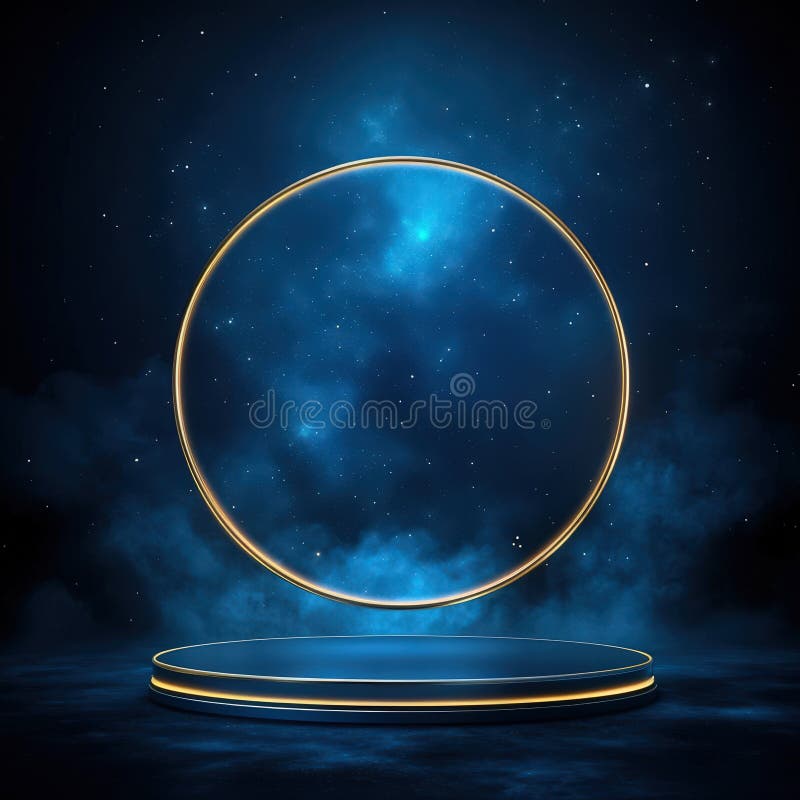 Celestial Golden Ring and Blue Neon Pedestal: Abstract Background Stock ...