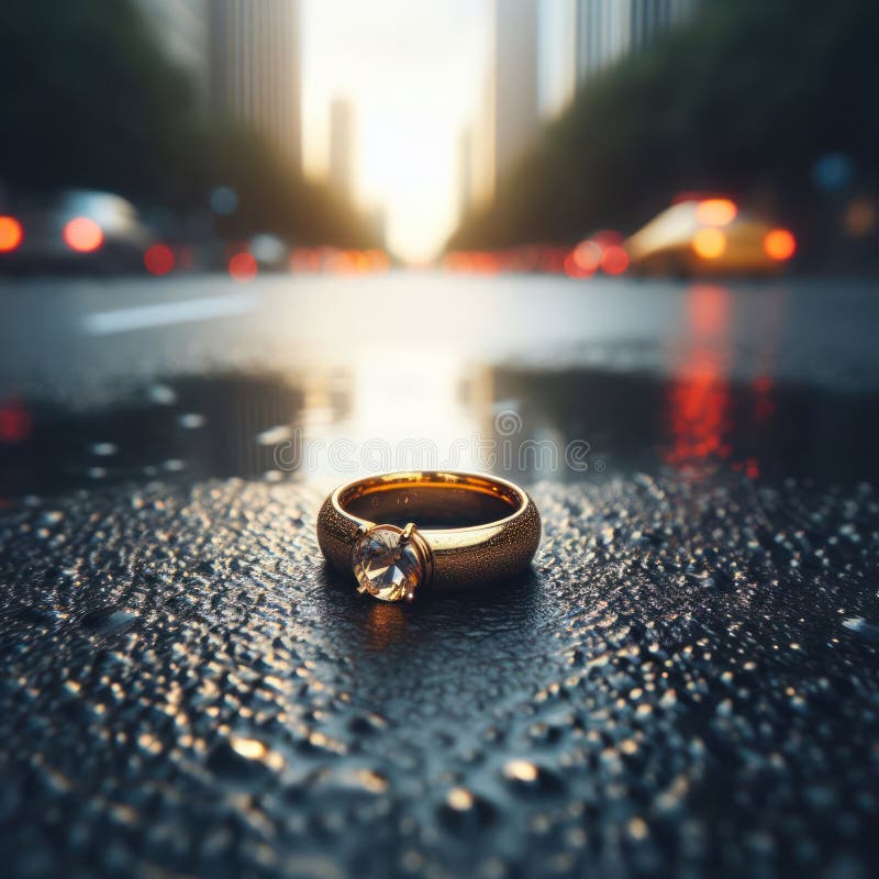 A Golden Ring Lying on an Asphalt Road. Stock Image - Image of high ...