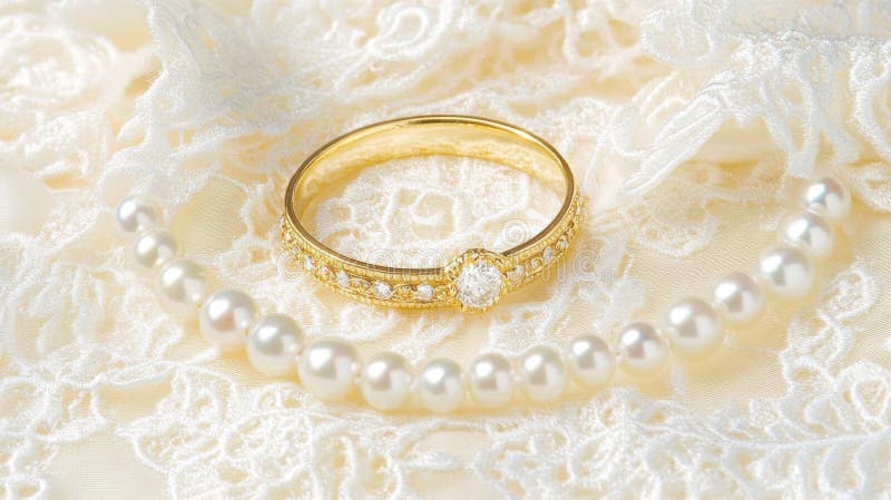 Golden Ring with Pearls on Lace Design, Adds Touch of Luxury Stock ...