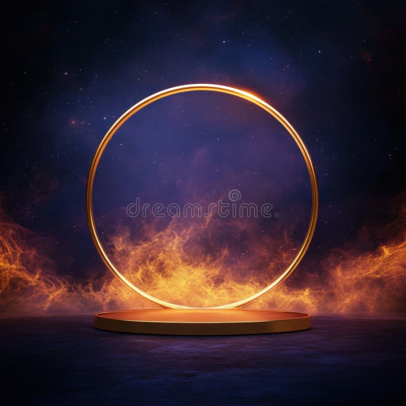 Golden Ring and Platform with Fiery Nebula Background. Stock ...