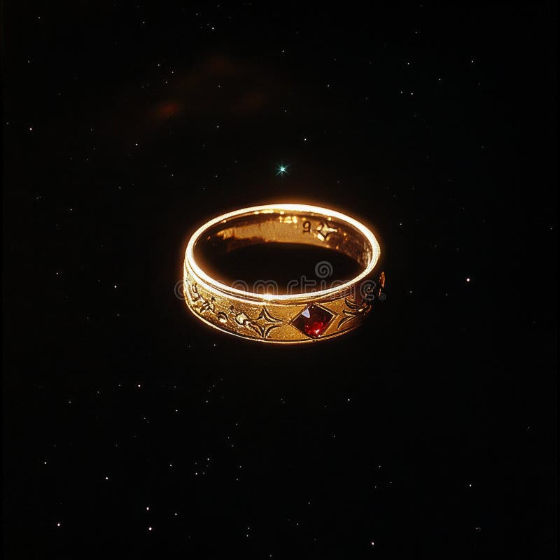 Golden Ring with Red Gem Floating in Starry Space Stock Photo - Image ...