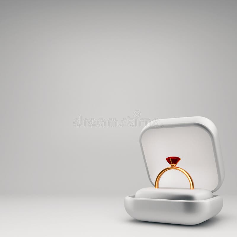 Golden Ring with Red Gemstone in a White Wedding Box. 3d Render Stock ...