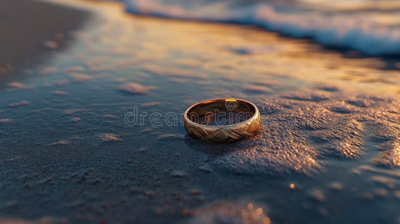 Golden Ring Rests on Wet Beach Sand Stock Illustration - Illustration of sunset, shadow: 352671013