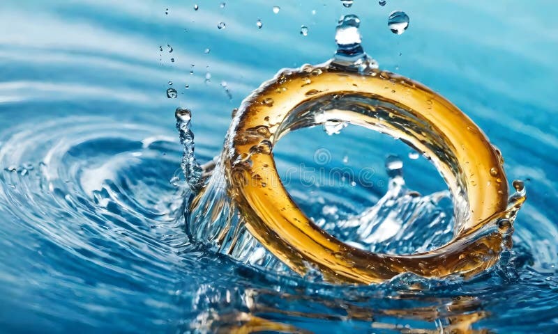 A Golden Ring in a Splash of Blue Water Stock Image - Image of objects ...