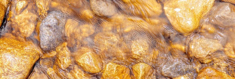 Golden River Rocks Under Shimmering Clear Water Flow in a Natural ...