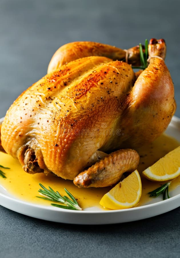 Golden Roasted Chicken with Lemon and Rosemary on Plate Stock ...