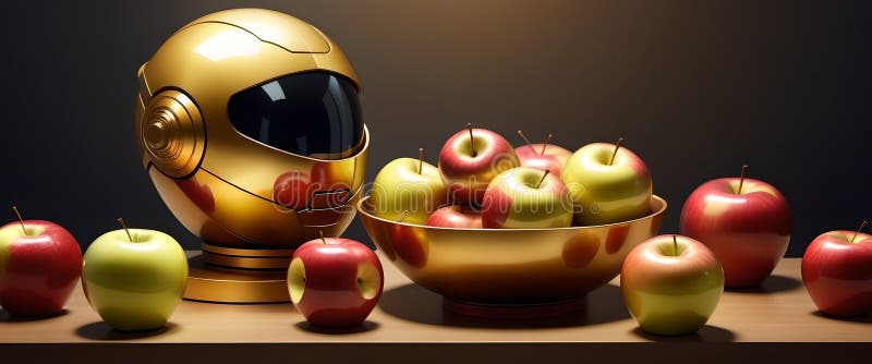 Golden Robot and Apple Fruit Abstract Illustration, AI Generated Stock ...