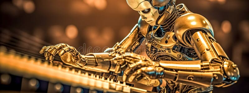 Golden Robot Musician Playing on Stage, Banner Stock Illustration ...
