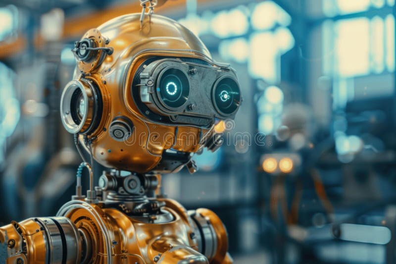 Golden Robot Standing in a High Tech Manufacturing Factory Stock ...