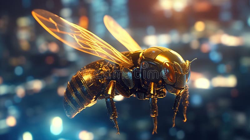 A Golden Robotic Bee Flies Against a Backdrop of Blurred City Lights ...
