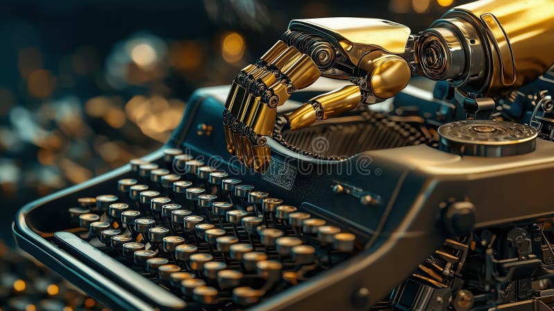 A Golden Robotic Hand Typing on an Antique Typewriter Stock Photo ...