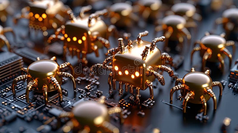 Golden Robotic Spiders Crawling Across a Microchip, Symbolizing ...