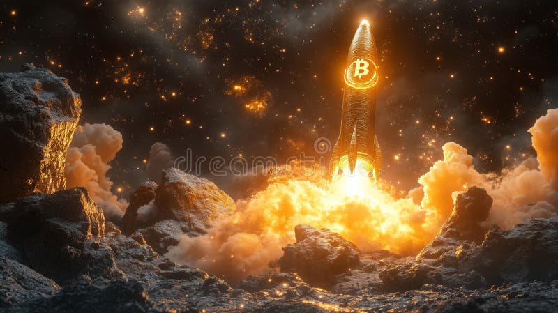A Golden Rocket with the Bitcoin Logo is Taking Off into Space Stock ...