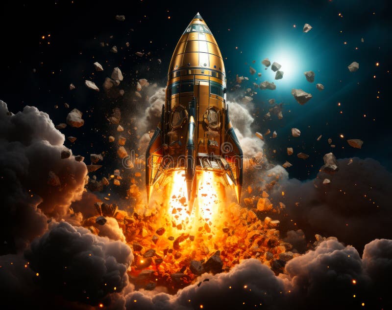 A Golden Rocket Going To an Outer Space. Rocks and Heavy Grey Smoke are ...