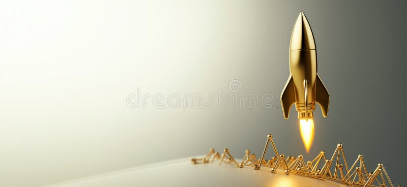 Golden Rocket Launching from Metallic Structure, Symbolizing Innovation ...