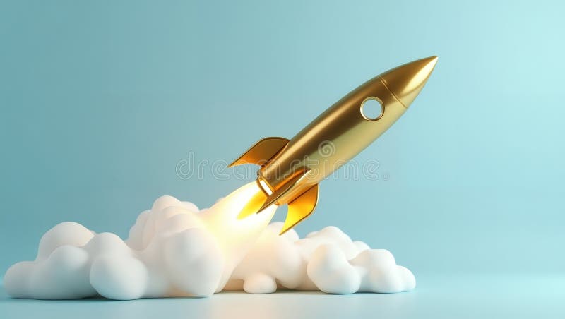 Golden Rocket Launching with White Smoke on a Light Blue Background ...