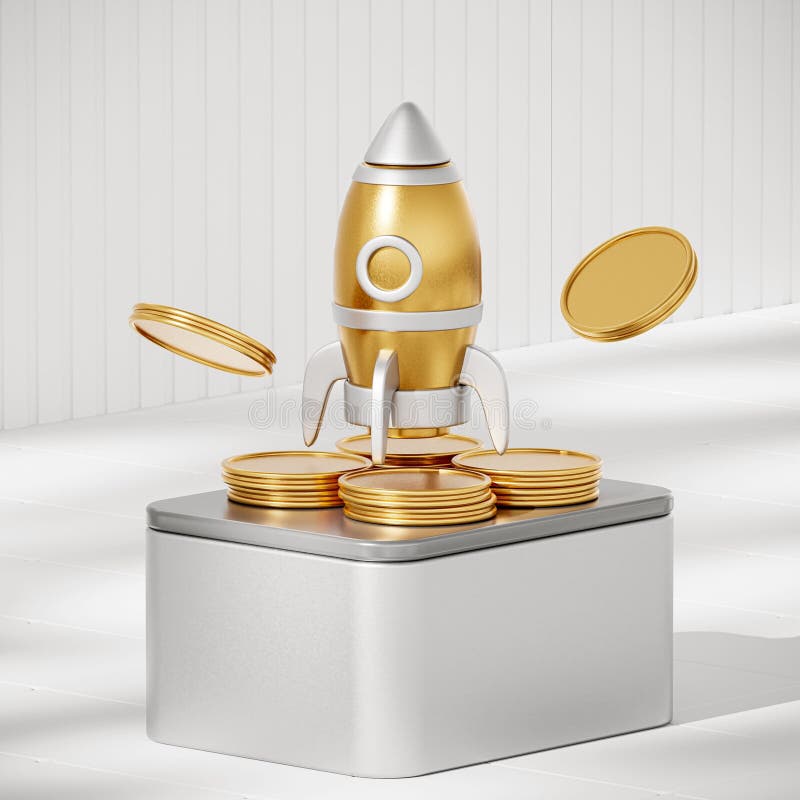 Golden Rocket with Coins in Minimalistic Setting. Stock Illustration ...