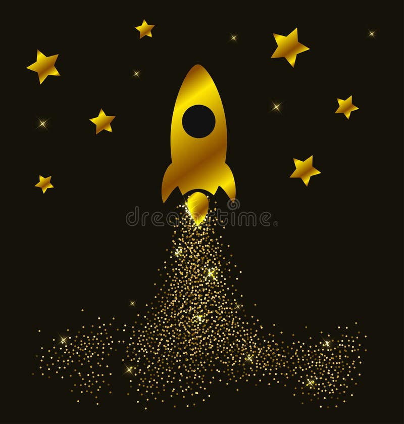 Golden rocket in space stock illustration. Illustration of start - 64957847