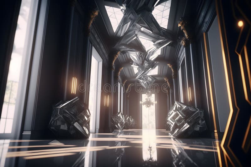 Golden Room Interior with Fantastic Abstract Elements. Neural Network ...