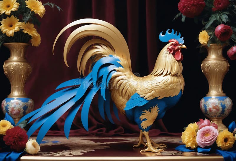 Golden Rooster Flowers Luxury Style Stock Illustration - Illustration ...