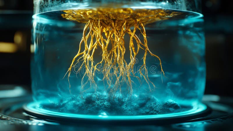Golden Roots in Glowing Blue Liquid Science Experiment Stock ...