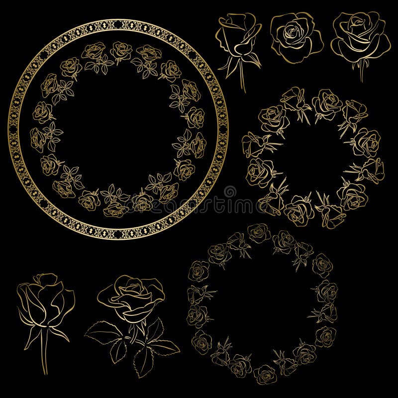 Golden Vector Roses and Frames of Flowers - Floral Set Stock Vector ...