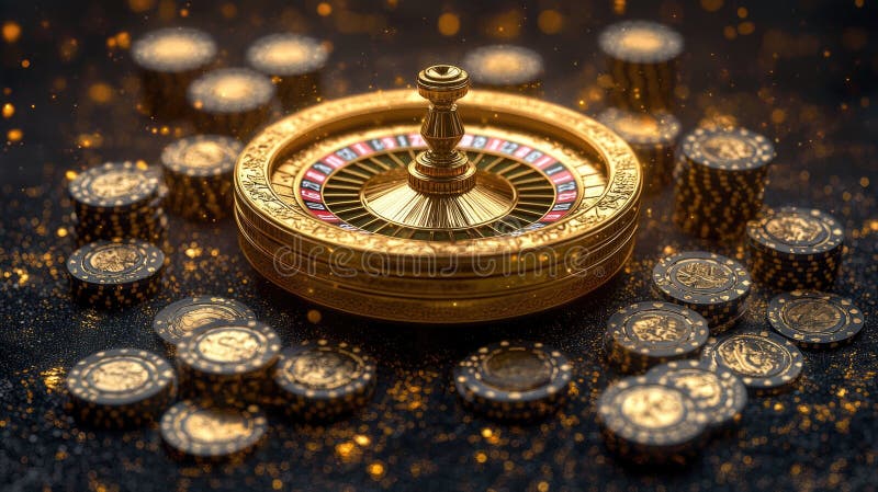 Golden Roulette Wheel with Coins on Black Glittering Surface Stock ...