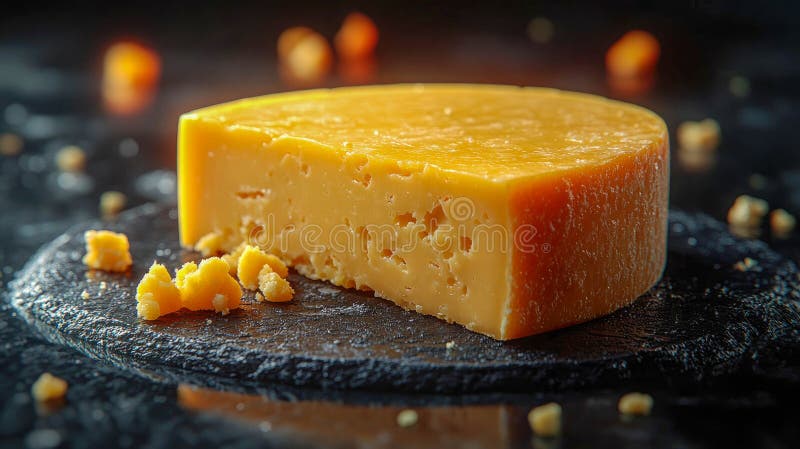 Golden Round Block of Cheddar Cheese with a Wedge Cut Out, Placed on a ...